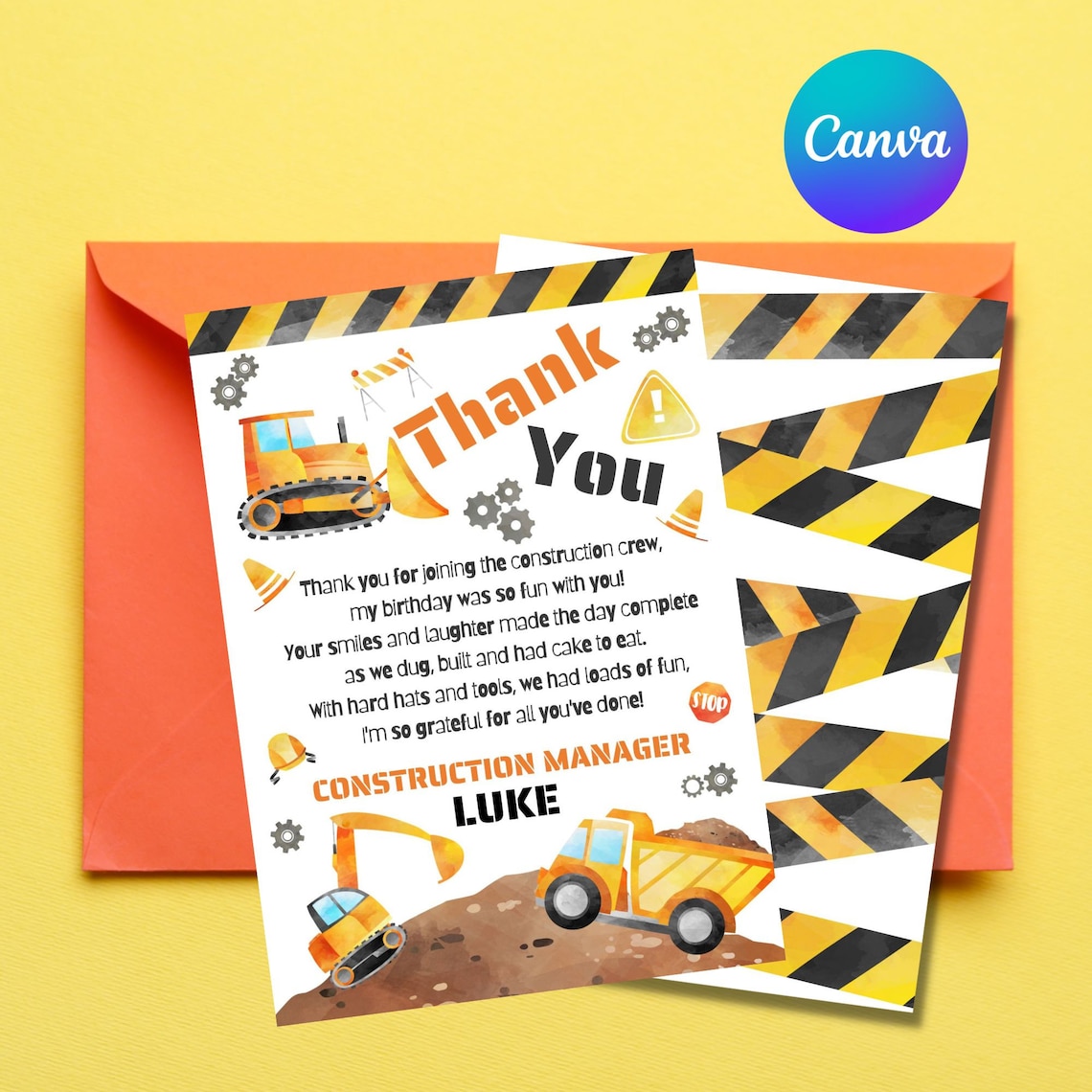 EDITABLE Construction Thank You Card Printable Construction Thank You ...