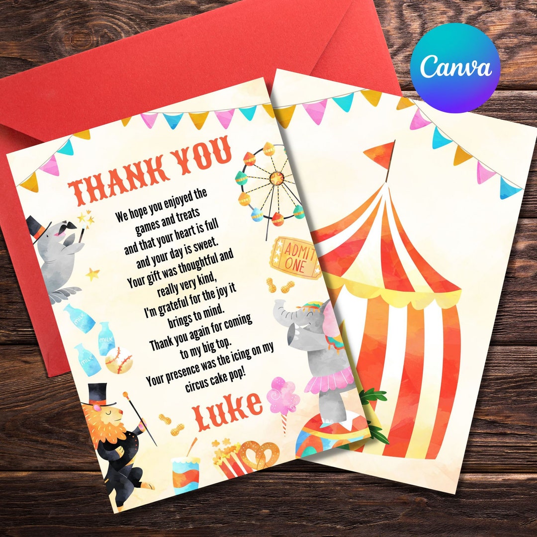 UU Personalized Circus Thank You Card Template, Editable Circus Thank ...