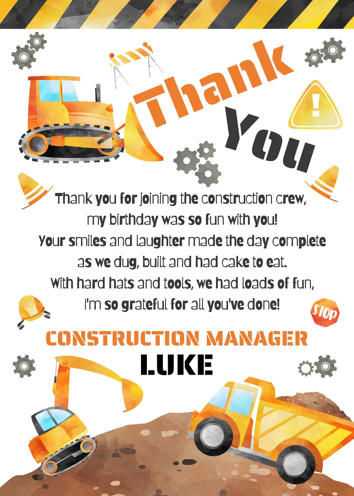 EDITABLE Construction Thank You Card Printable Construction Thank You ...