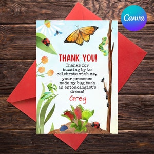 Editable Bug Birthday Party Thank You Card Template Printable Bug Thank ...