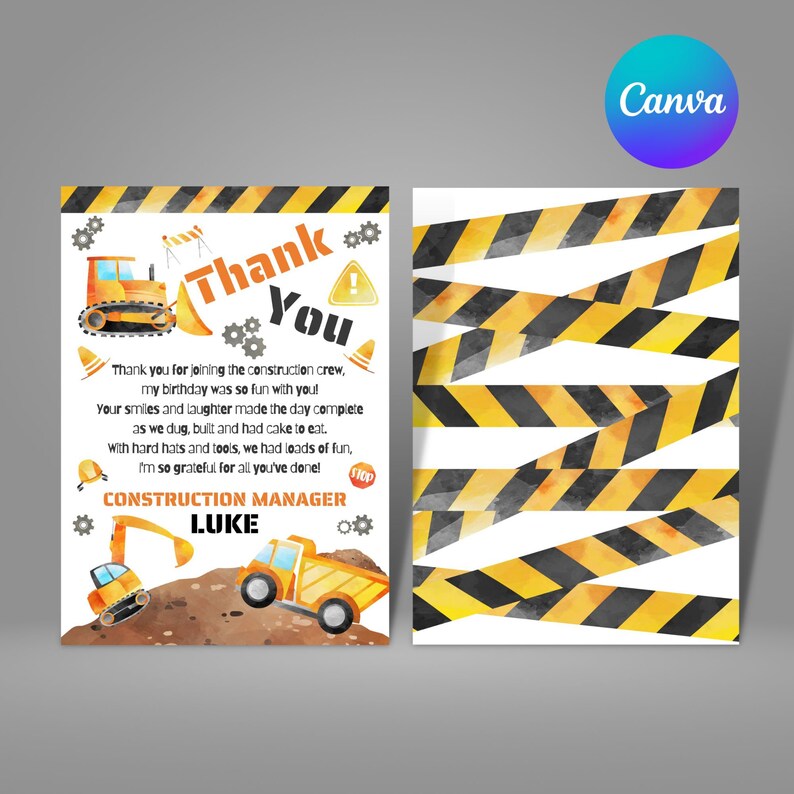 EDITABLE Construction Thank You Card Printable Construction Thank You ...