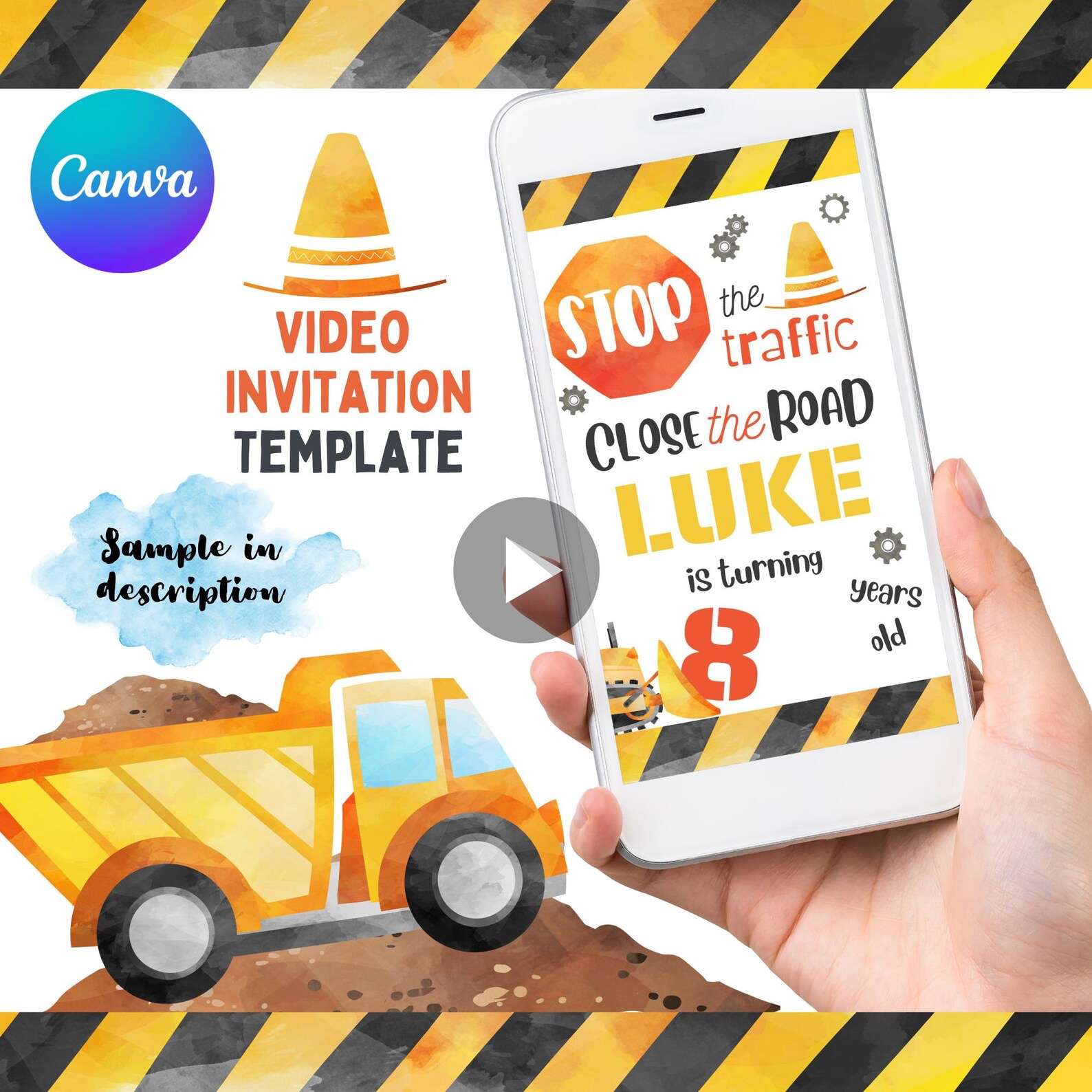 Editable Construction Birthday Invitation Template VIDEO Construction ...