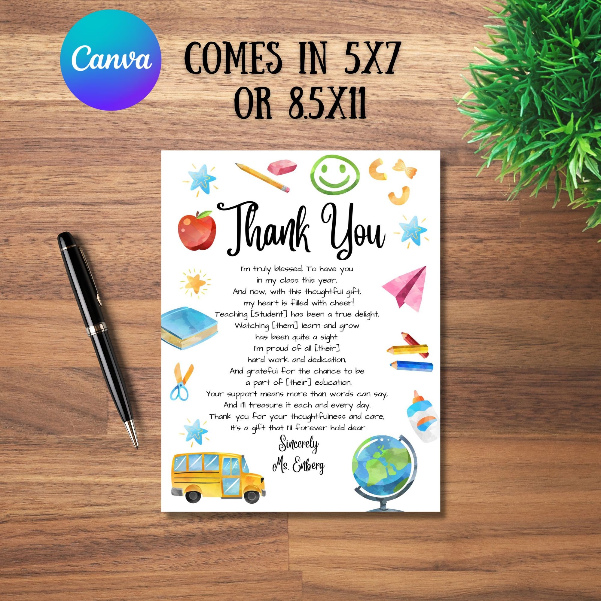 Editable Preschool Teacher Thank You Card for Teachers to Send Students ...