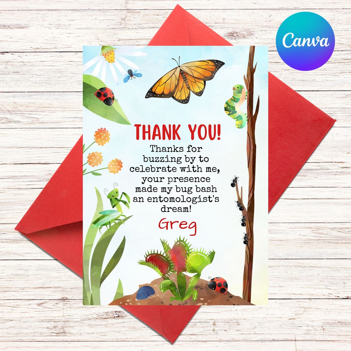 Editable Bug Birthday Party Thank You Card Template Printable Bug Thank ...