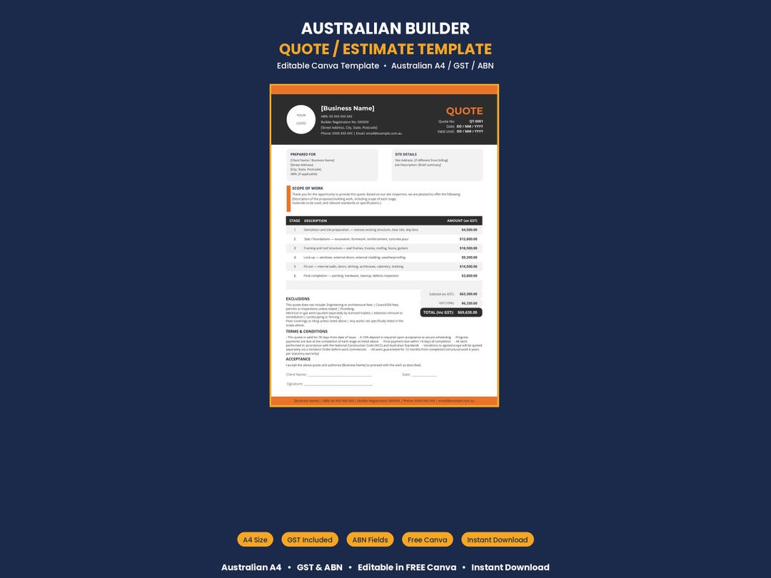 Builder Quote Template Australia | Canva Editable A4 | Construction ...