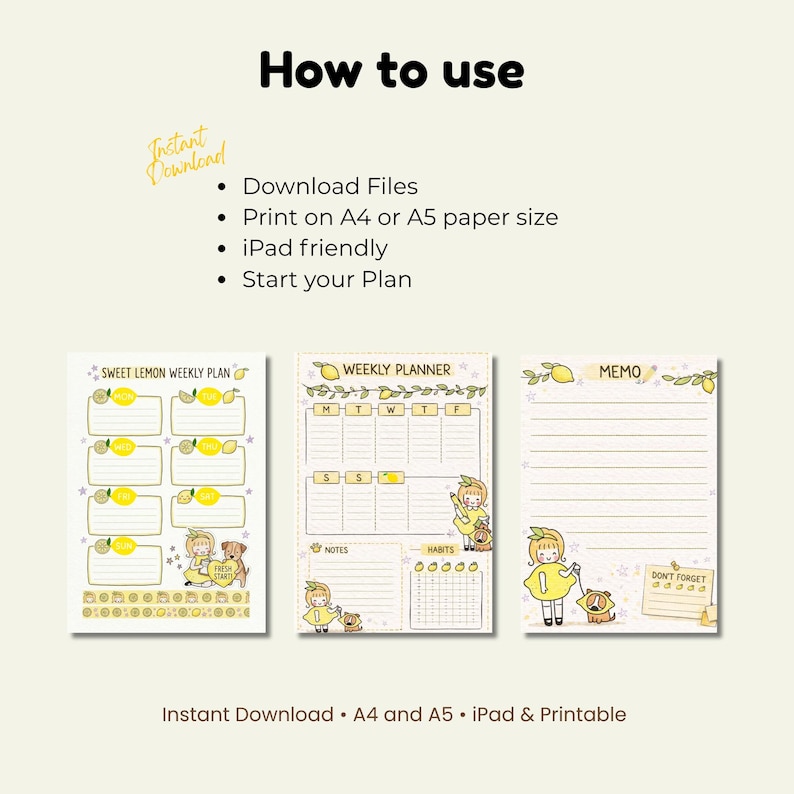 Sweet Lemon Girl Puppy Planner Bundle, Kawaii Digital Stickers (A4 PDF ...