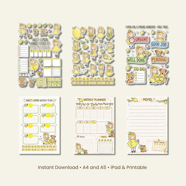 Sweet Lemon Girl Puppy Planner Bundle, Kawaii Digital Stickers (A4 PDF ...