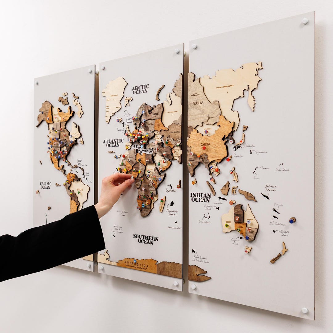Personalized 3 Panel World Map, Push Pin Travel Wall Art, Customized ...