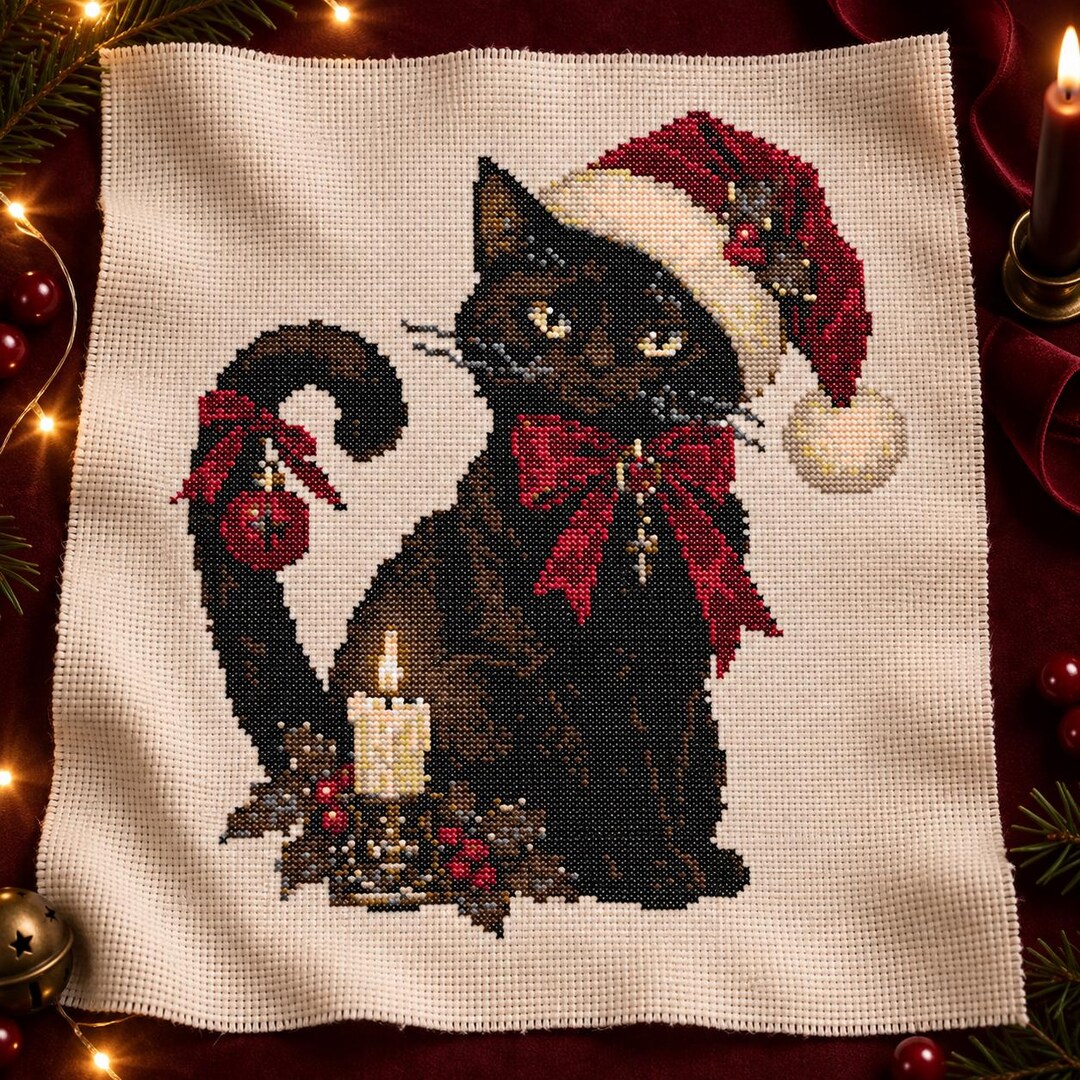 Gothic Christmas Black Cat Cross Stitch Pattern, Small Beginner Santa ...