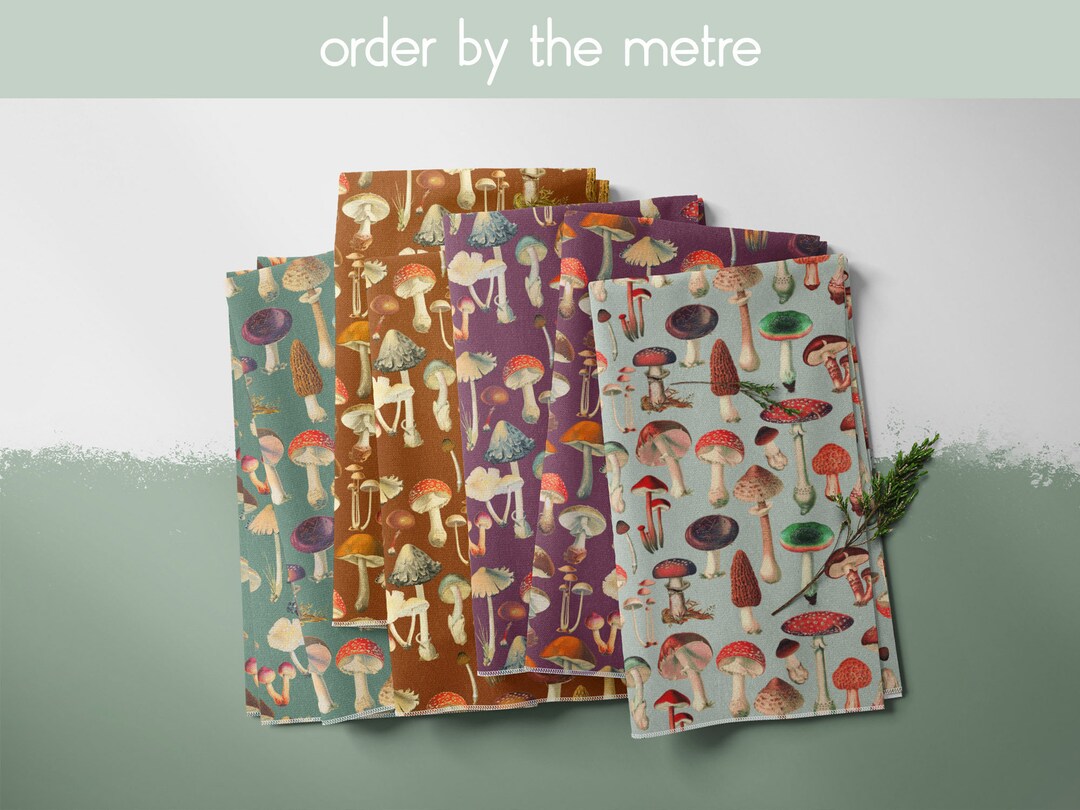 Mushroom Fabric by the METRE Vintage Toadstools Fungi Woodland Organic ...