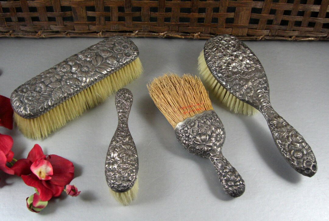 Antique Sterling Silver Vanity Brush Set / 4 Piece Lot / Floral ...