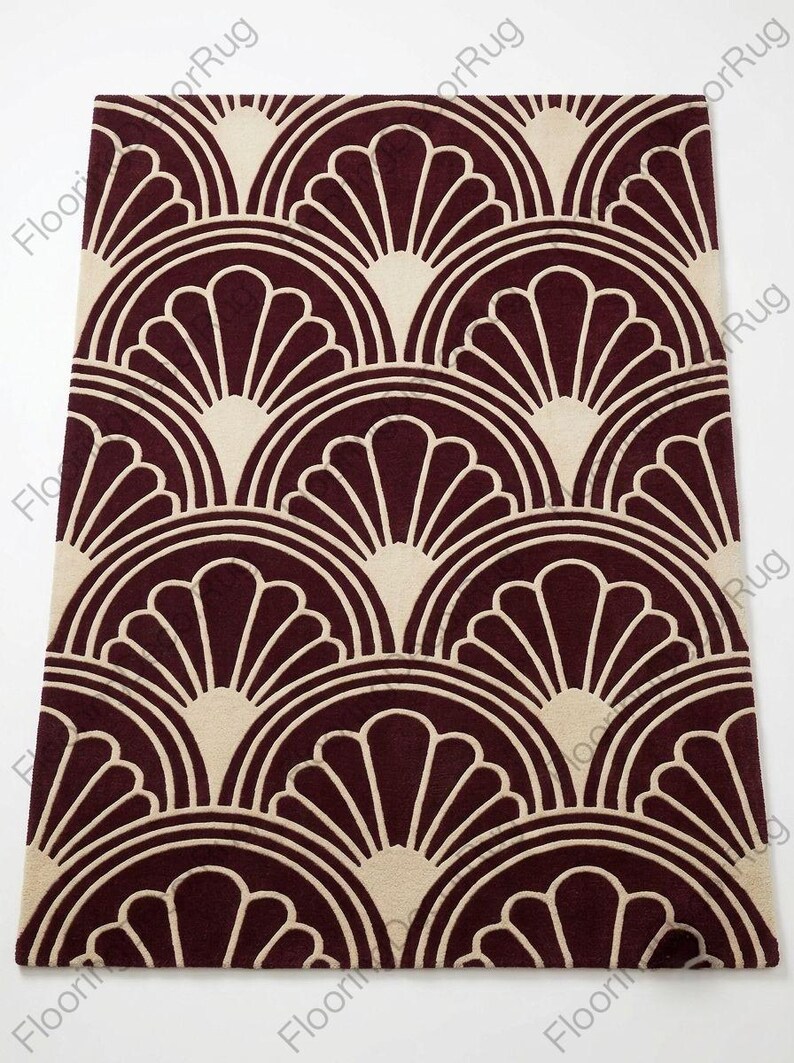Burgundy Art Deco Fan Pattern Rug, Cream Geometric Wool Area Rug ...