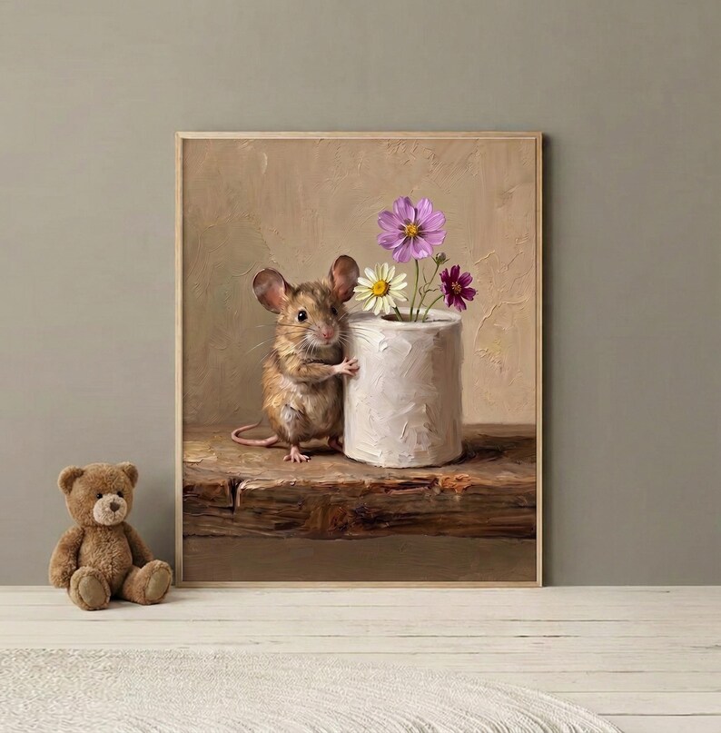 Funny Bathroom Mouse Art PRINTABLE, Impasto Oil Painting Field Mouse ...