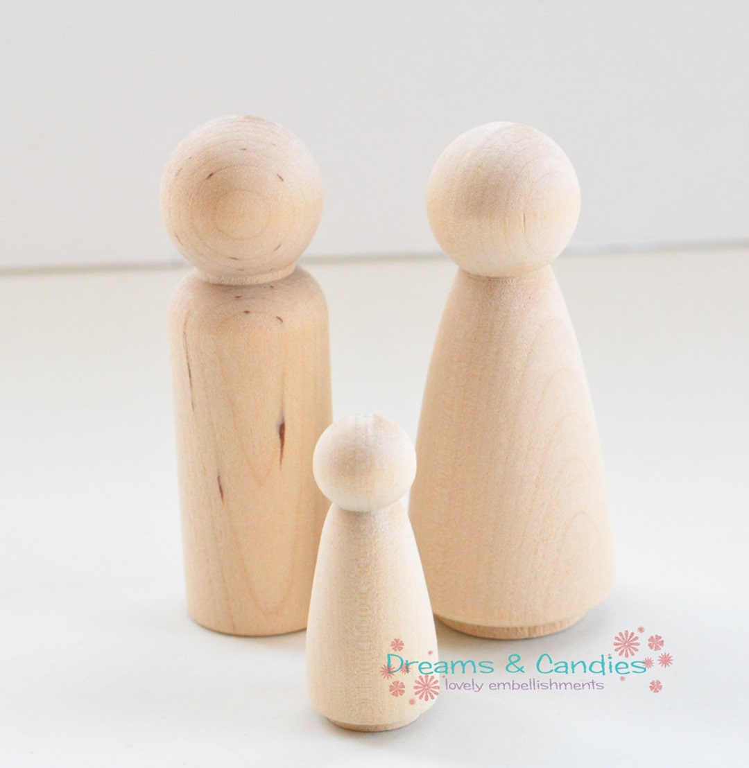 Family of 3 Miniature Wooden Dolls cute Wood People small Cake Topper ...
