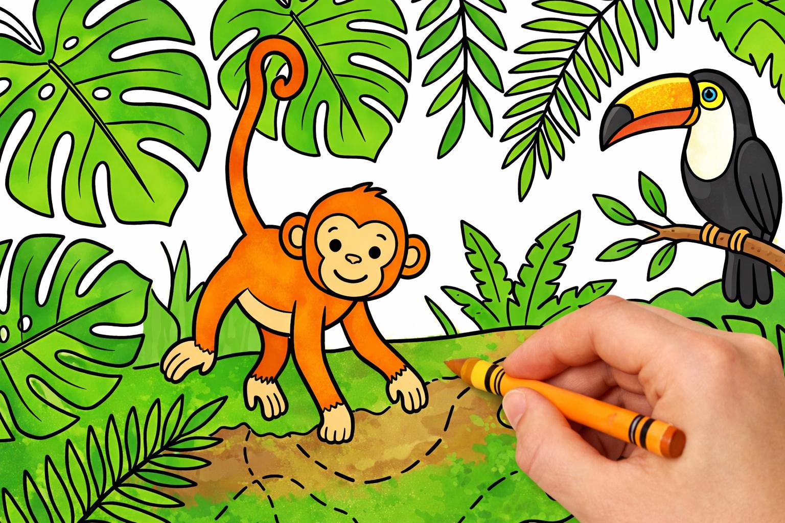 Jungle Coloring Page Printable | Monkey, Toucan, Tropical Leaves ...