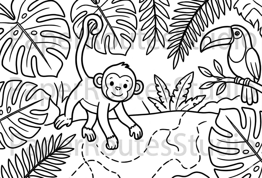 Jungle Coloring Page Printable | Monkey, Toucan, Tropical Leaves ...
