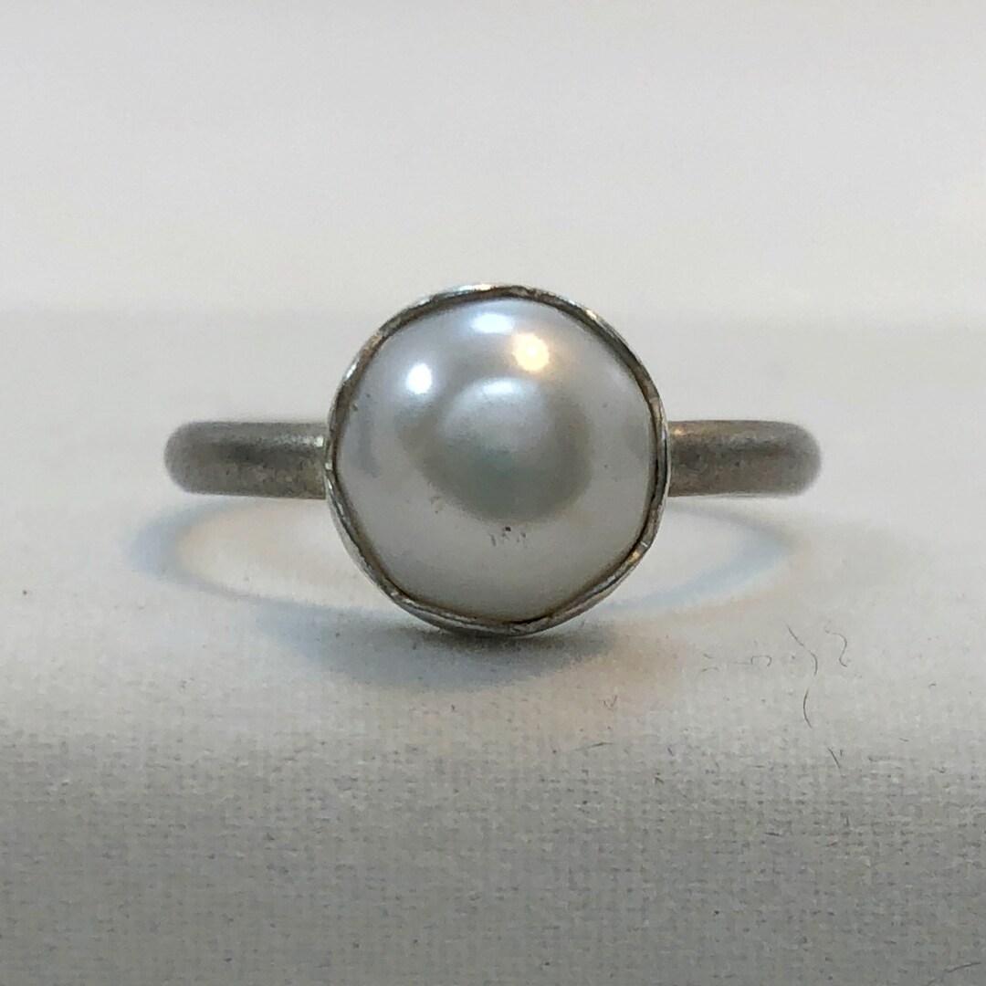 Pearl and Sterling Silver Ring, Bezel Set Pearl Ring, Pearl Scolloped ...