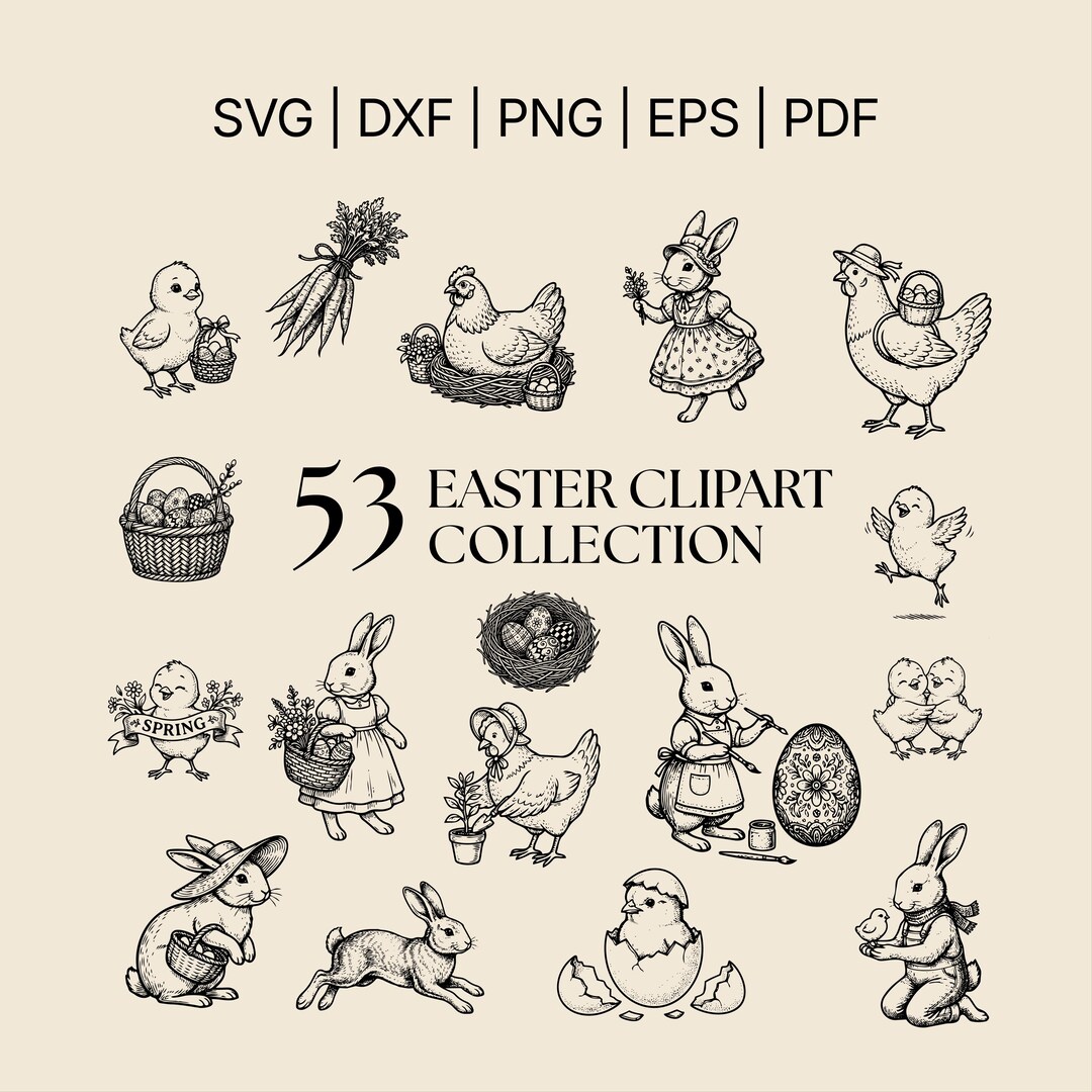 Vintage Easter Clipart Bundle, Bunny Chick Egg Doodle Collection ...