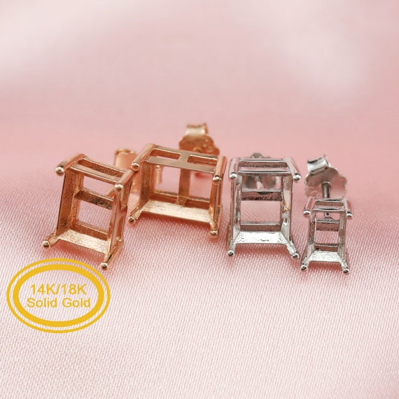 14K 18K Solid Gold Rectangle Prongs Studs Earrings Settings - Etsy