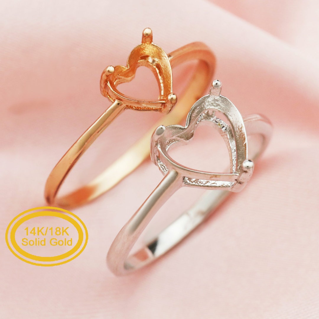 4-9MM Simple Heart Prong Ring Setttings Memory Jewelry Solid 14K 18K ...