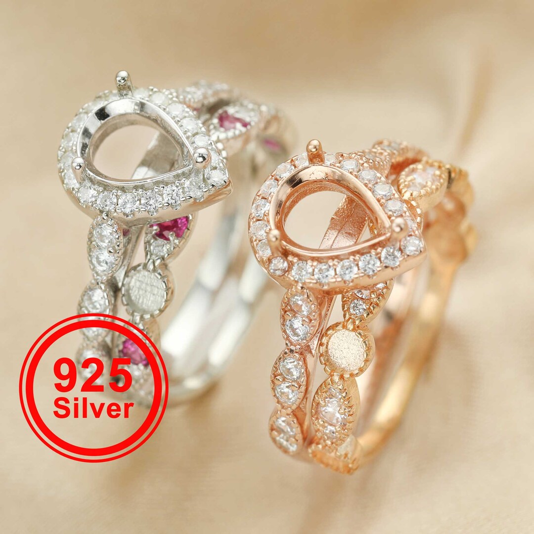 6x8mm Pear Prong Ring Settings Stackable Solid 925 Sterling Silver Rose ...