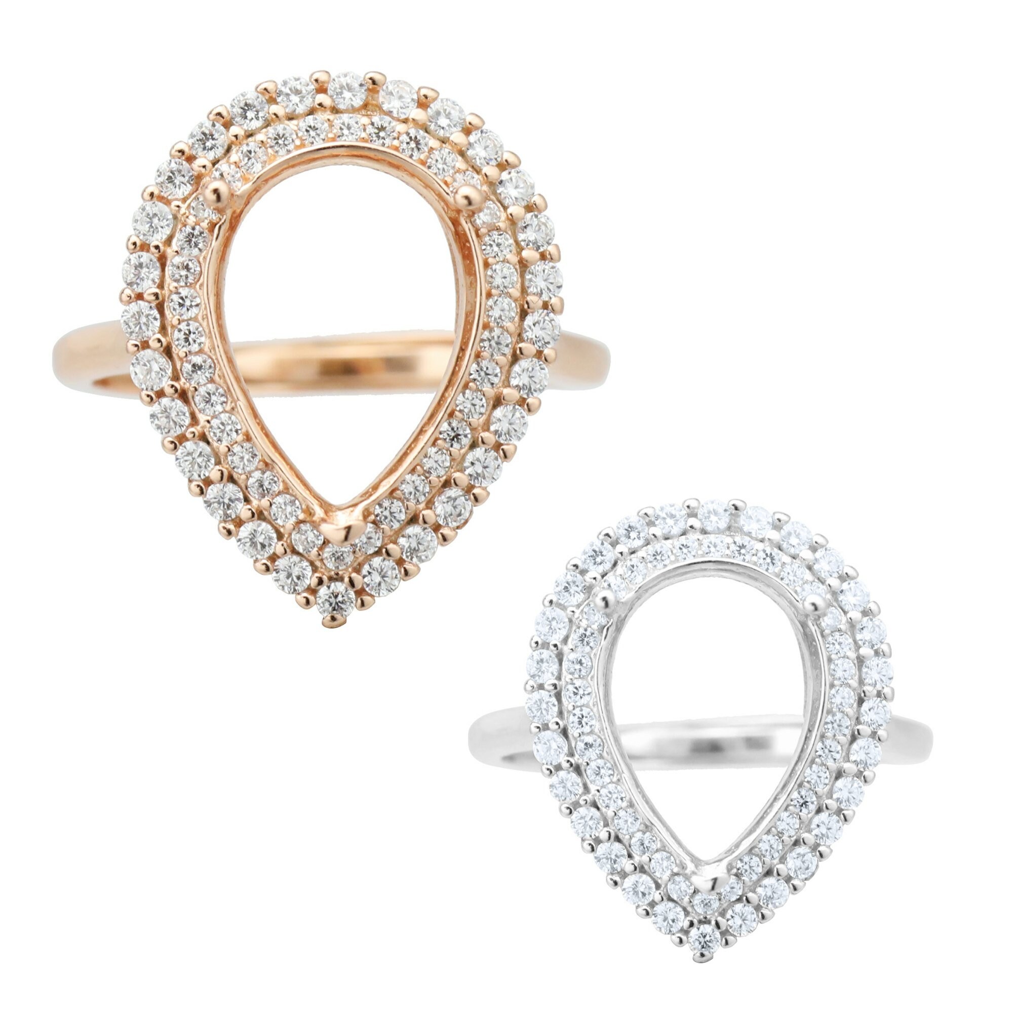 Pear Prong Ring Blank Settings Double Halo Bezel Solid 925 | Etsy