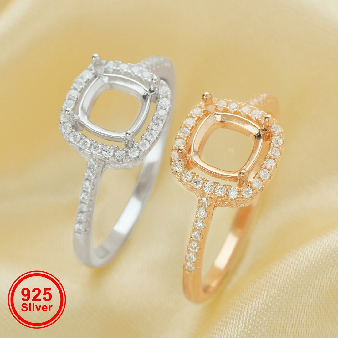 Cushion Square Prong Ring Settings,solid 925 Sterling Silver Rose Gold ...