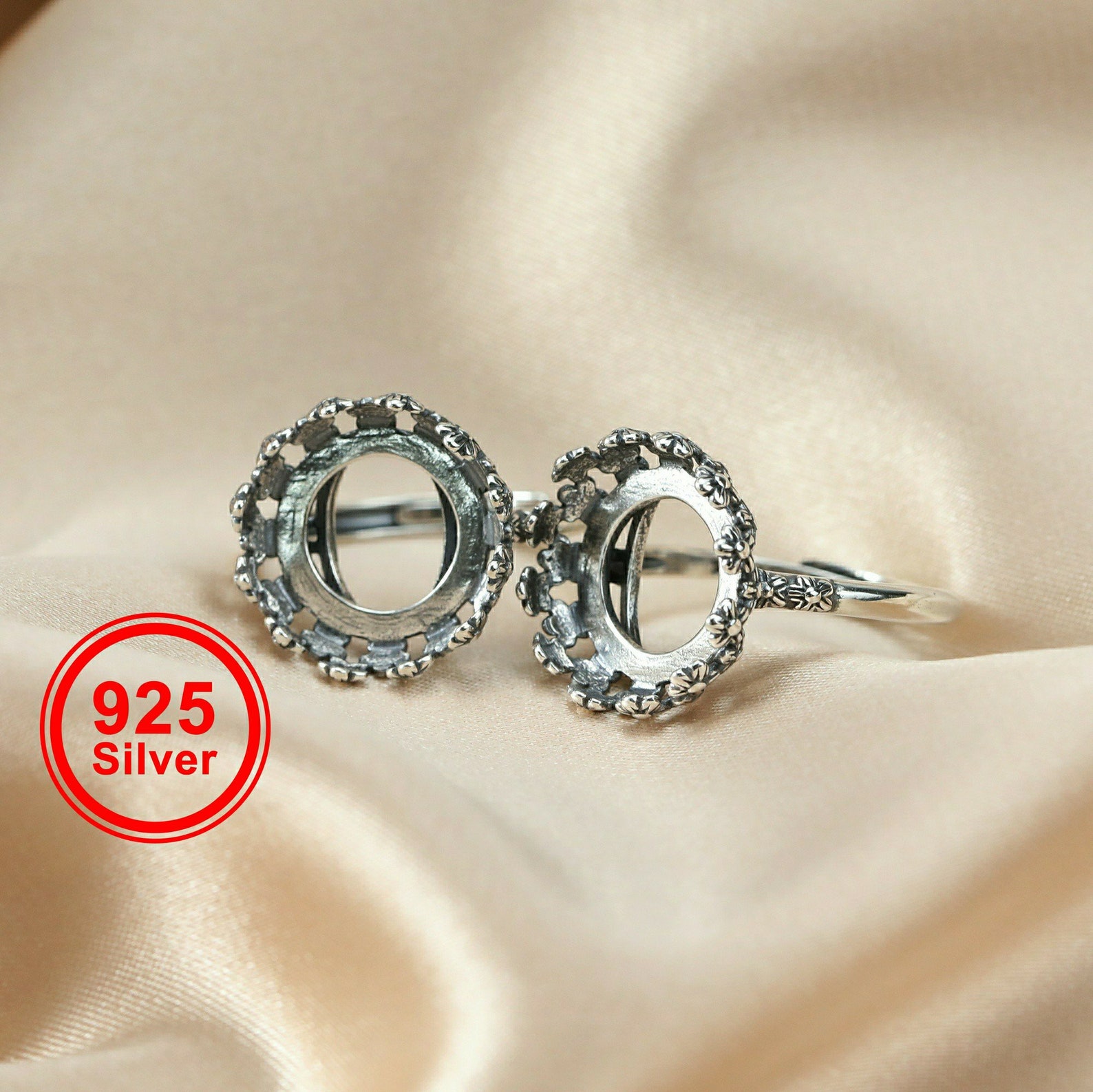 1pcs 15mm Setting Size Round Flowers Bezel Antiqued 925 Sterling Silver ...