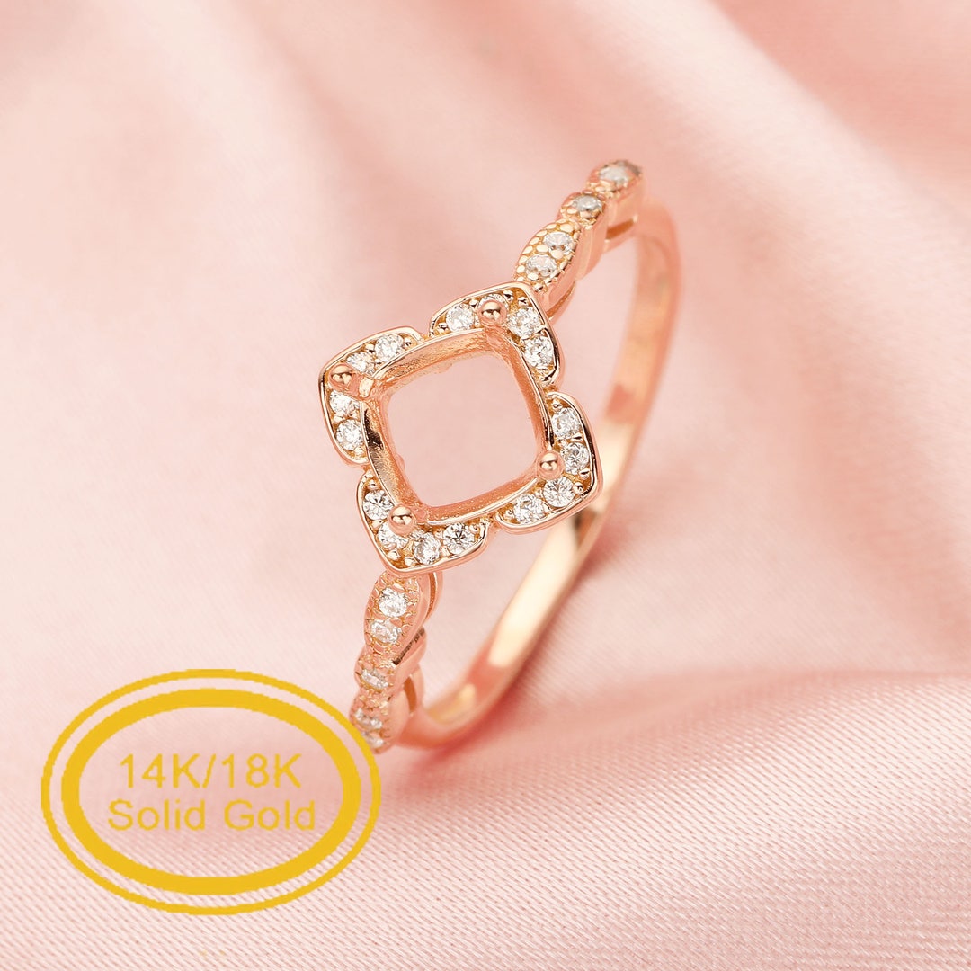 6MM Cushion Square Prong Ring Settings,vintage Flower Solid 14K 18K ...