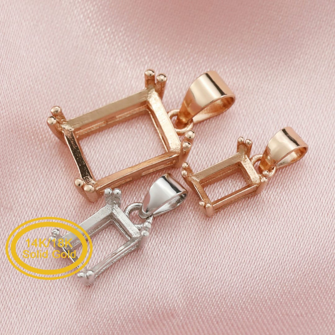 14K 18K Solid Gold Rectangle Prong Pendant Settings for Gemstone DIY ...