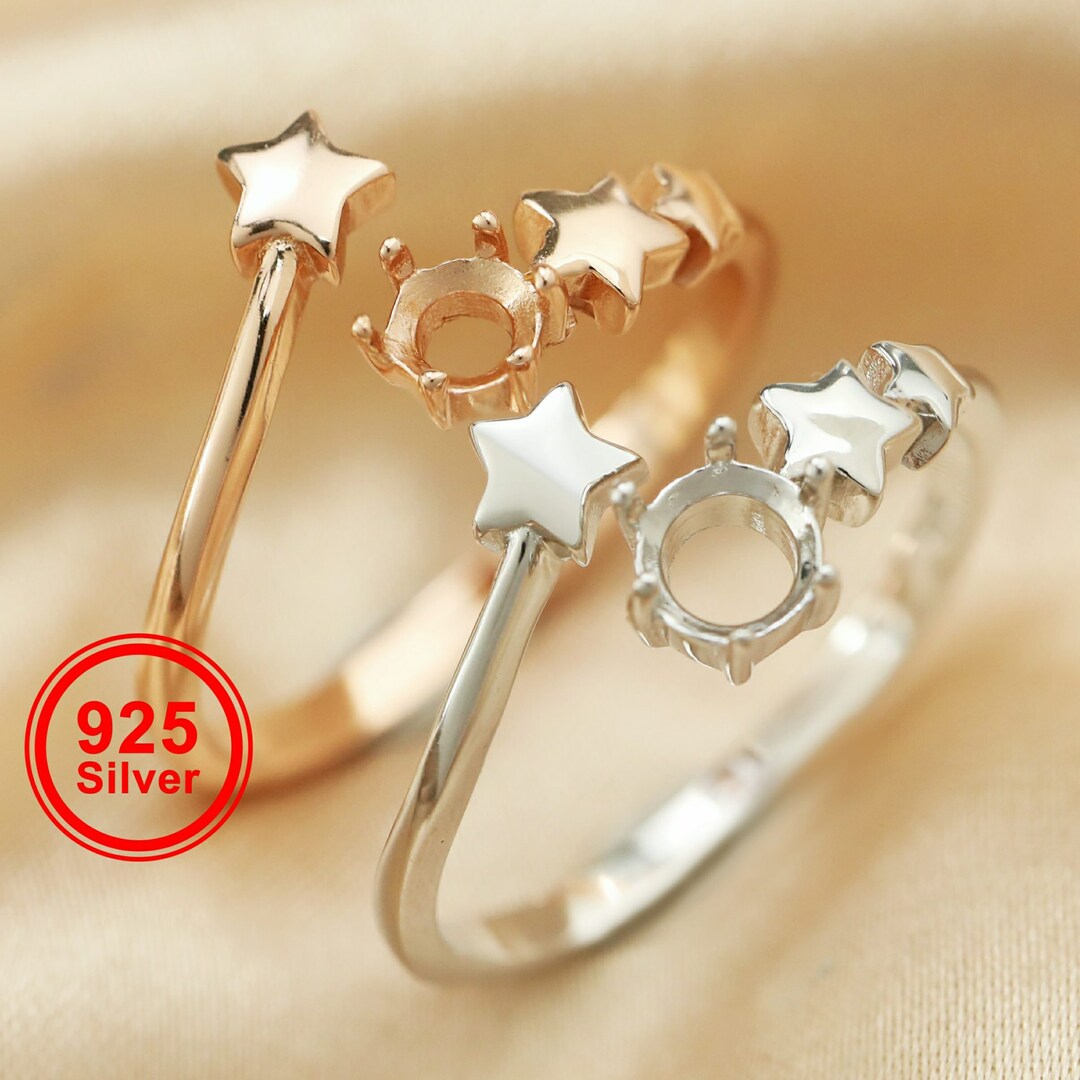 3-5MM Round Prong Ring Settings Stars Bezel Solid 925 Sterling Silver ...