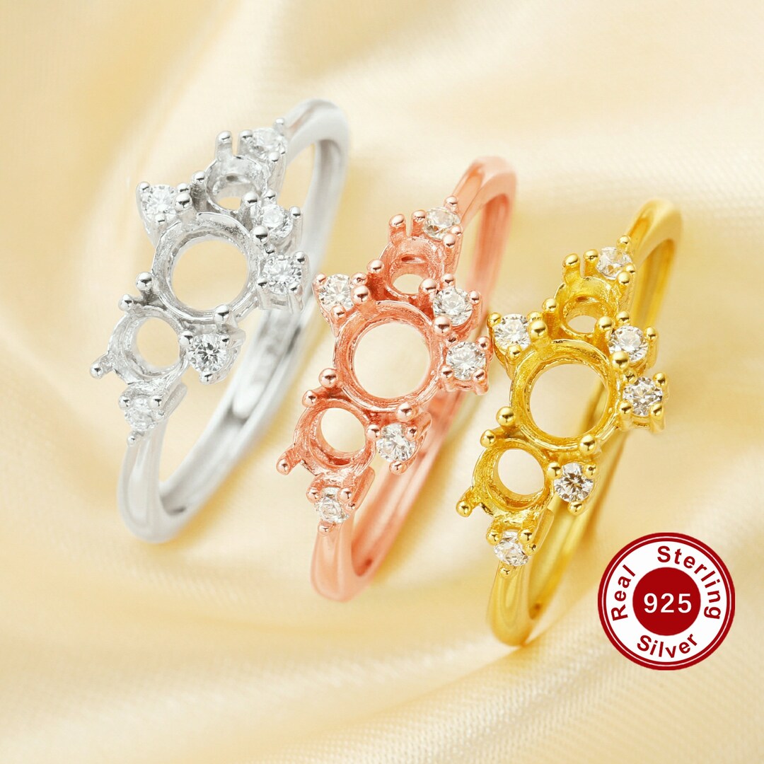 3 Stones Round Prong Ring Settings,solid 925 Sterling Silver Rose Gold ...