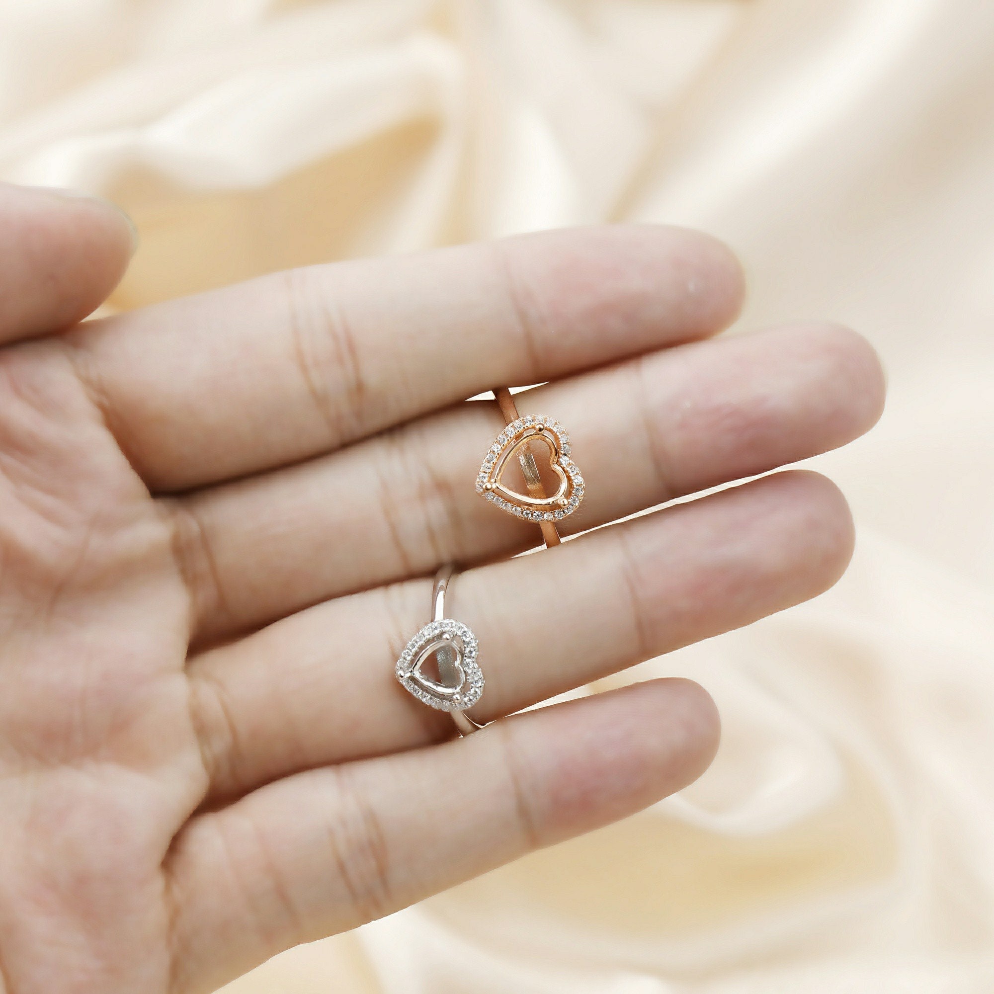 6-8MM Halo Heart Prong Ring Settings Solid 925 Silver Rose - Etsy