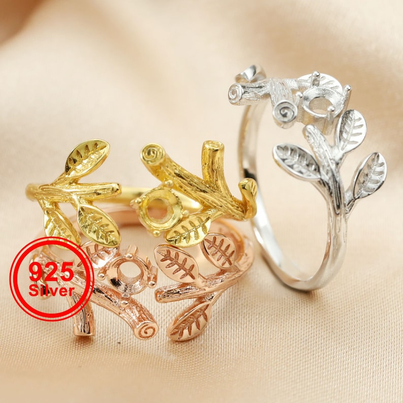 1pcs 4mm Round CZ Stone Prong Setting Tree Branch Leaf 925 Sterling ...