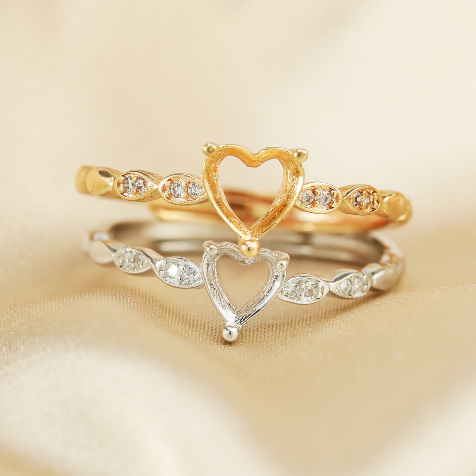 Heart Prong Ring Settings Art Deco Solid 925 Sterling Silver Rose Gold ...