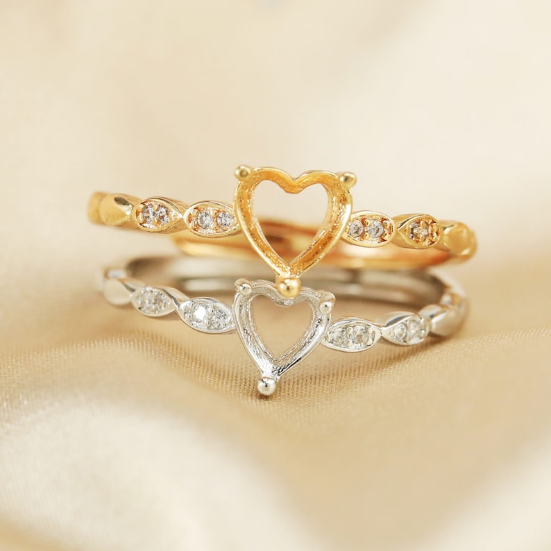 Heart Prong Ring Settings Art Deco Solid 925 Sterling Silver Rose Gold ...