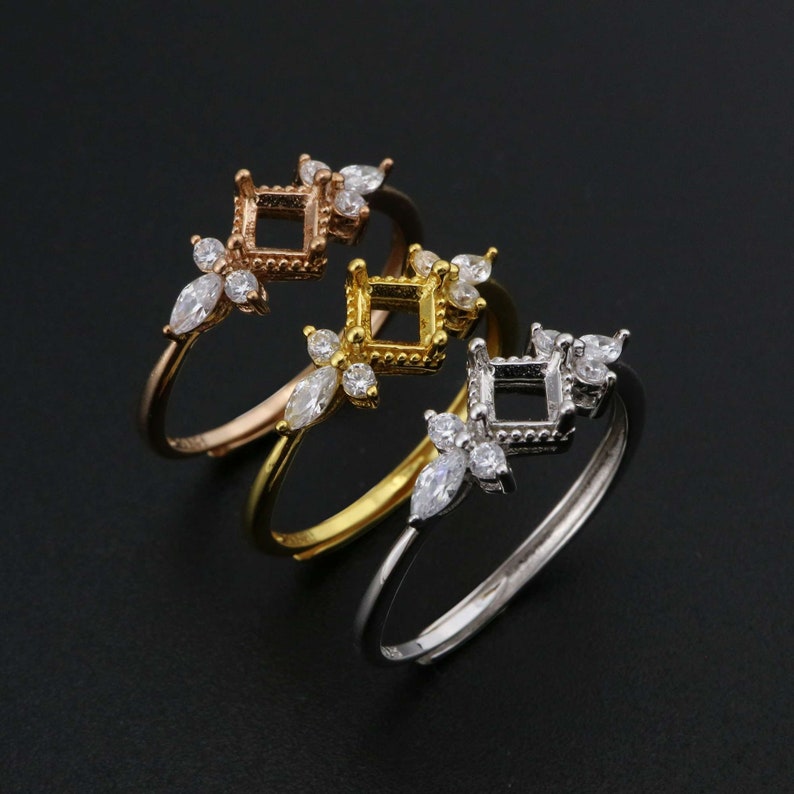 4MM Square Ring Settings Vintage Style Solid 925 Sterling Silver Rose ...