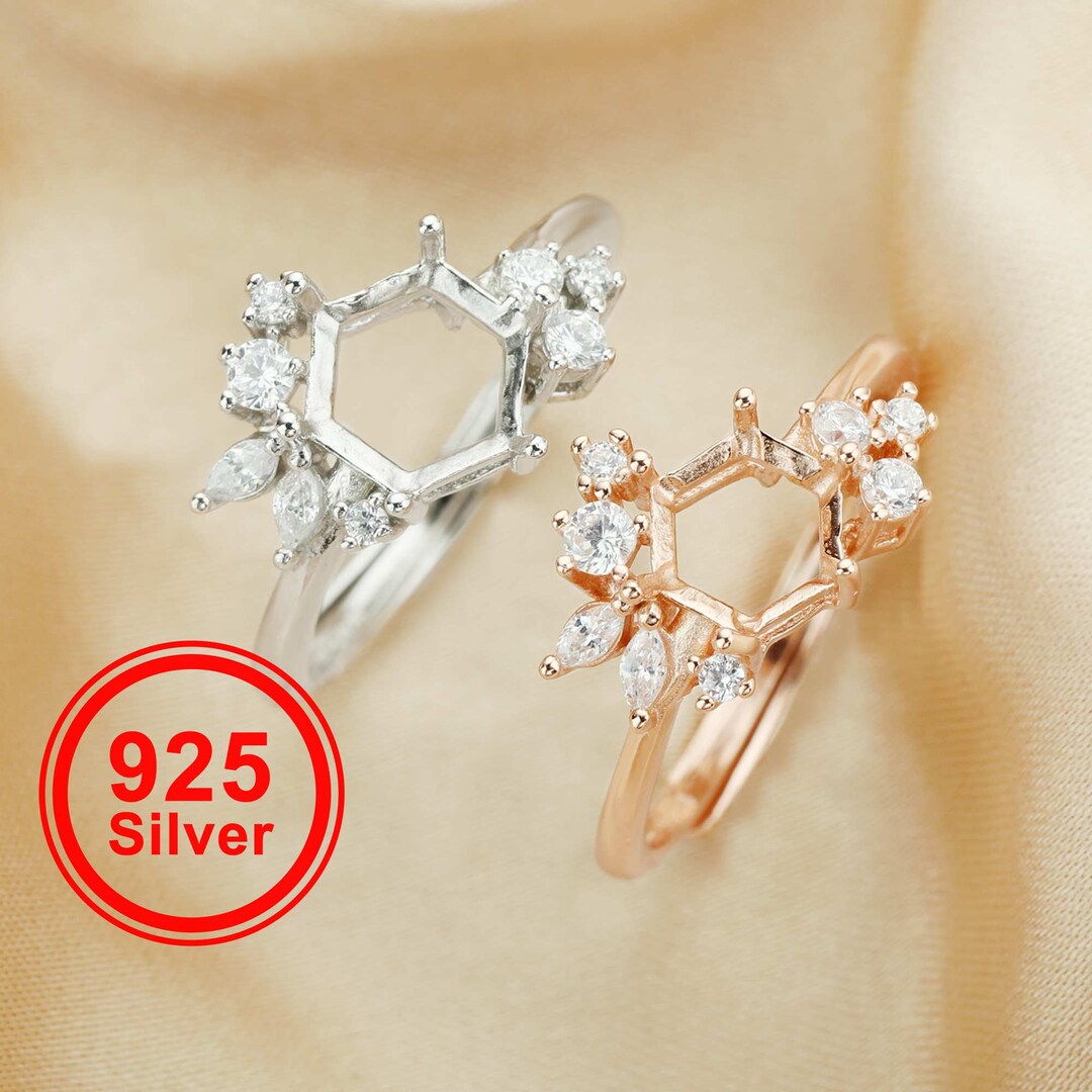 Hexagon Prong Ring Settings,art Deco Stackable Solid 925 Sterling ...