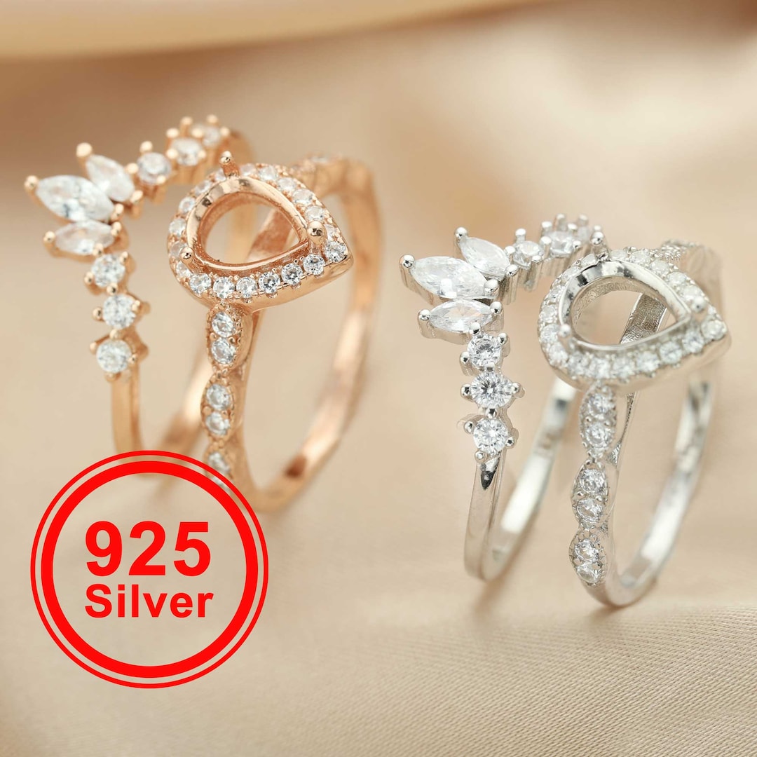 6x8mm Pear Prong Ring Settings Stackble Solid 925 Sterling Silver Rose ...
