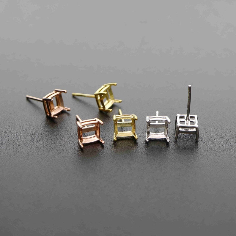 1pair 4-6MM Square Solid 925 Sterling Silver Rose Gold Tone DIY Prong ...
