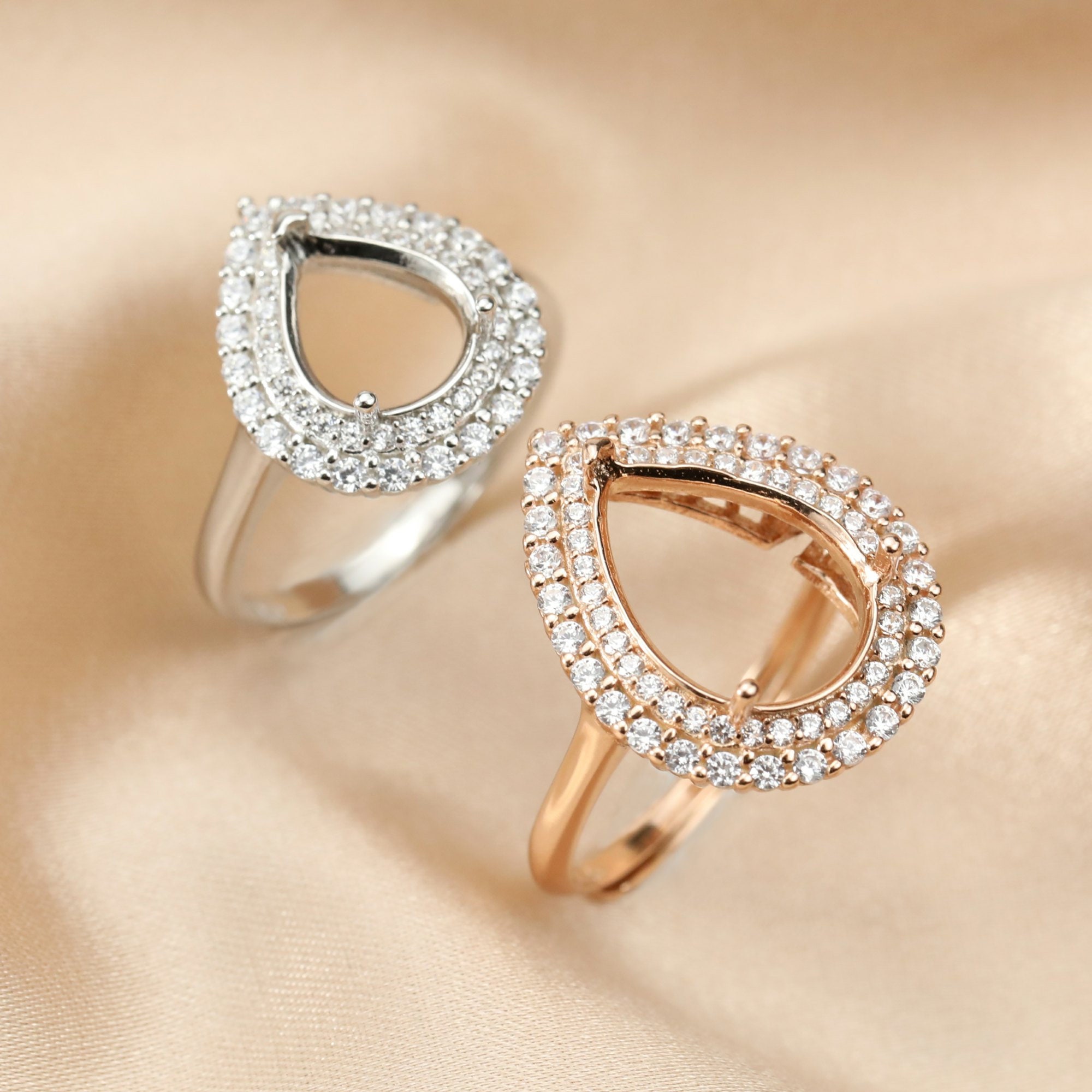 Pear Prong Ring Blank Settings Double Halo Bezel Solid 925 | Etsy