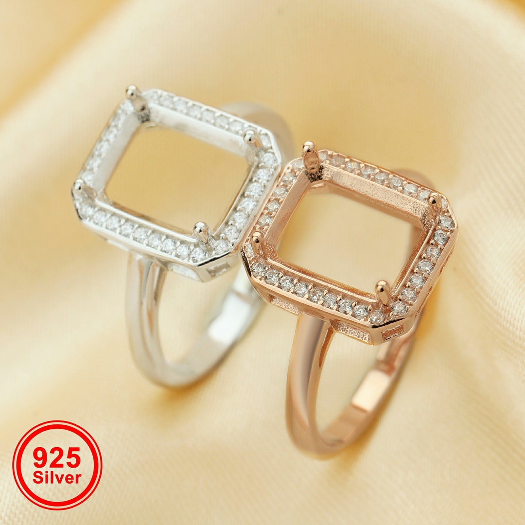 8x10mm Rectangle Halo Prong Ring Settings,solid 925 Sterling Silver ...