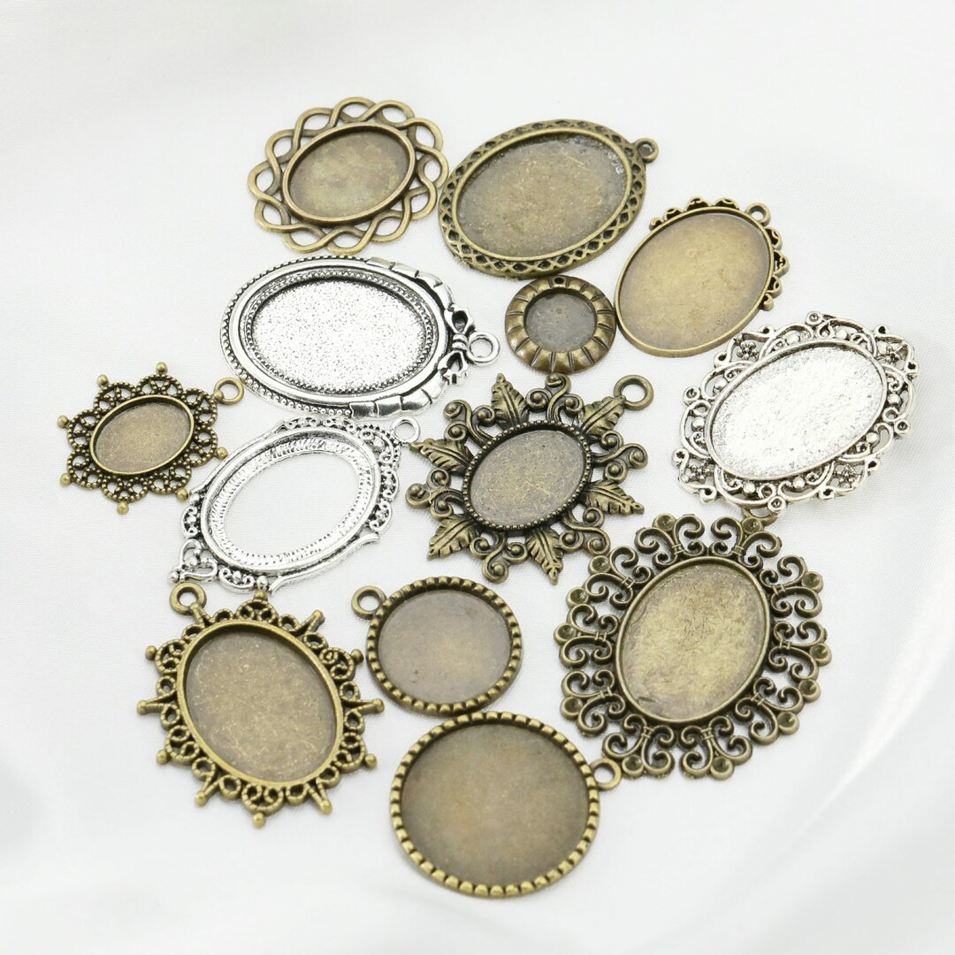 20pcs Assortment Oval Round Antiqued Silver Bronze Pendant Settings ...