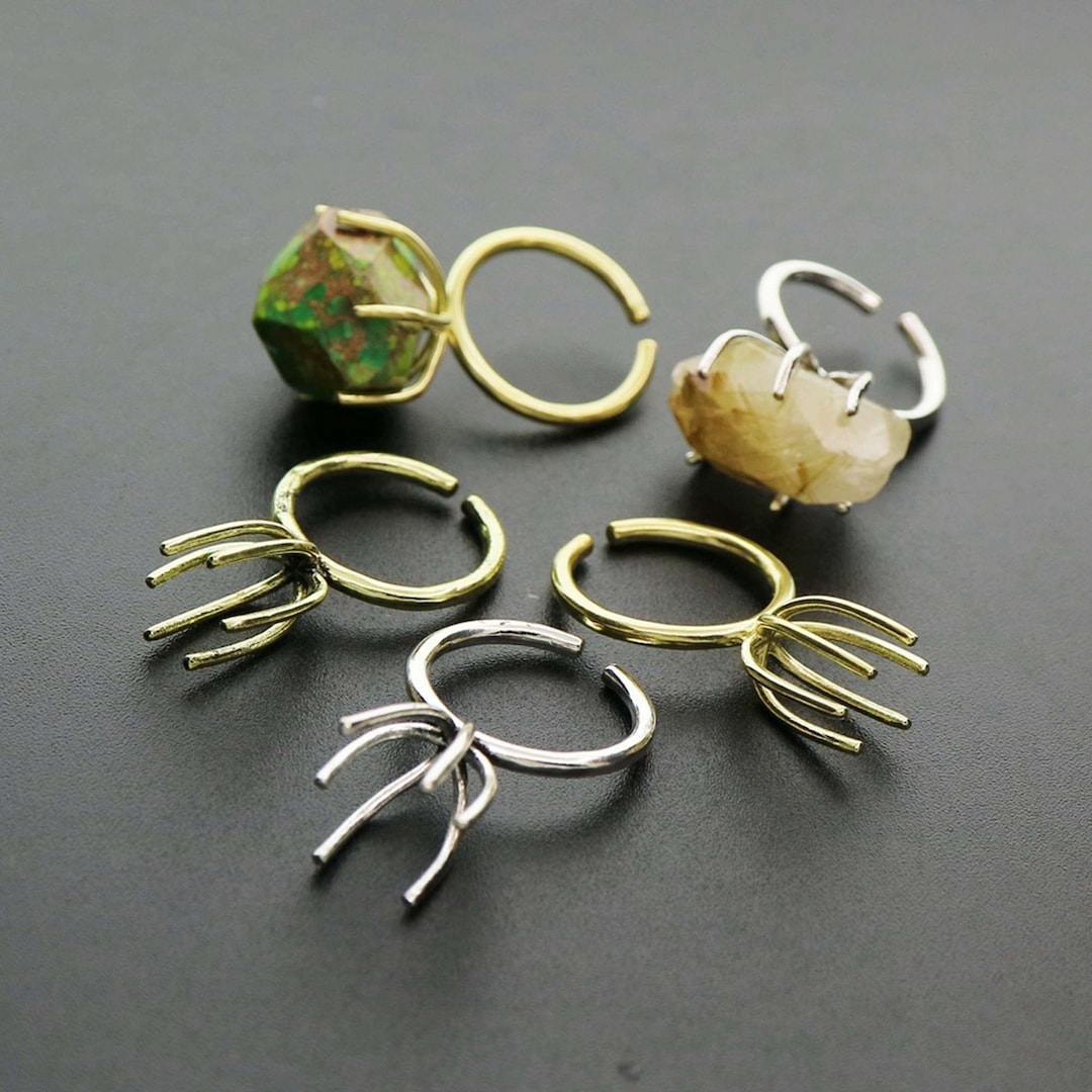 5pcs 15MM Long Prong Irregular Stone Adjutable Brass Ring Settings DIY ...