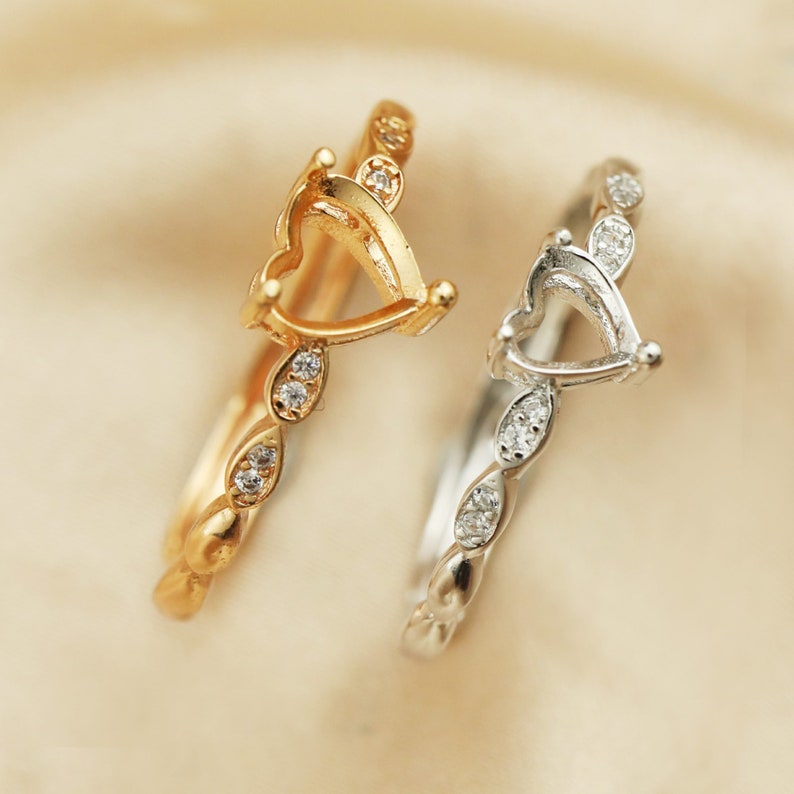 Heart Prong Ring Settings Art Deco Solid 925 Sterling Silver Rose Gold ...