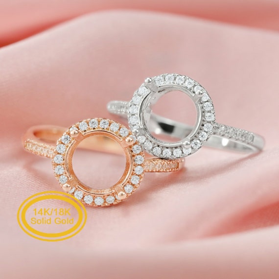 Halo Round Prong Ring Settings Solid 14K Rose White Gold With - Etsy