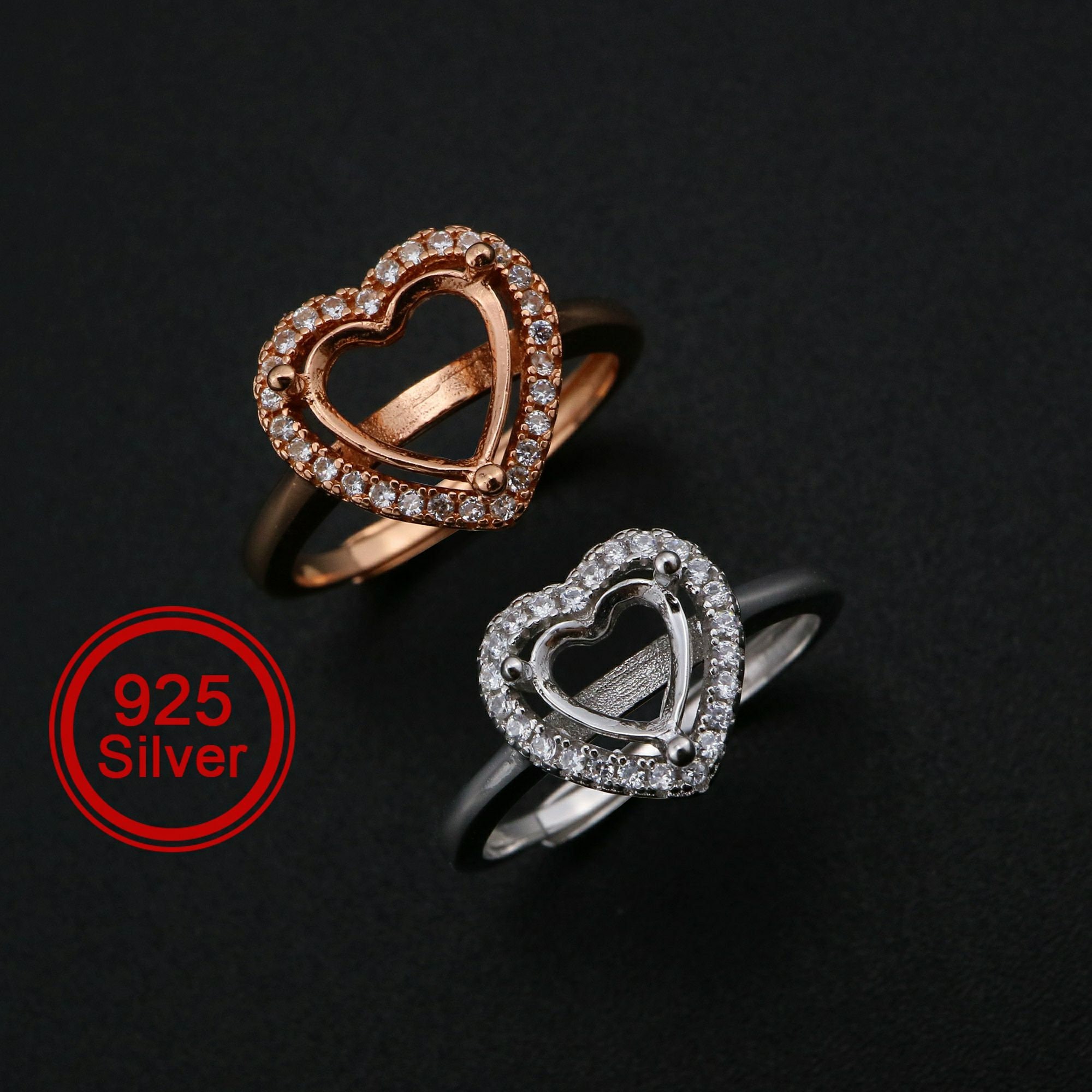 6-8MM Halo Heart Prong Ring Settings Solid 925 Silver Rose - Etsy