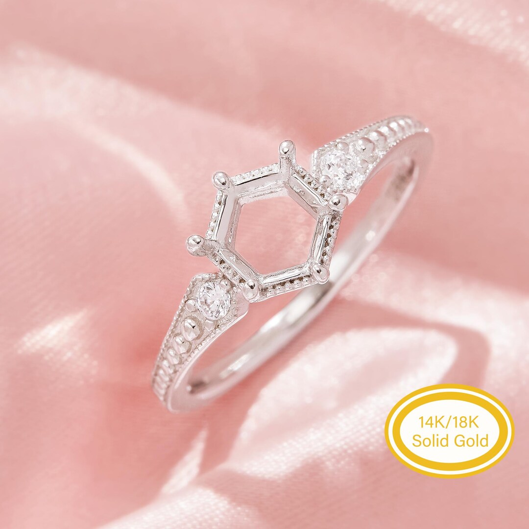 Hexagon Prong Ring Settings,vintage Styles Solid 14K 18K Gold Ring ...