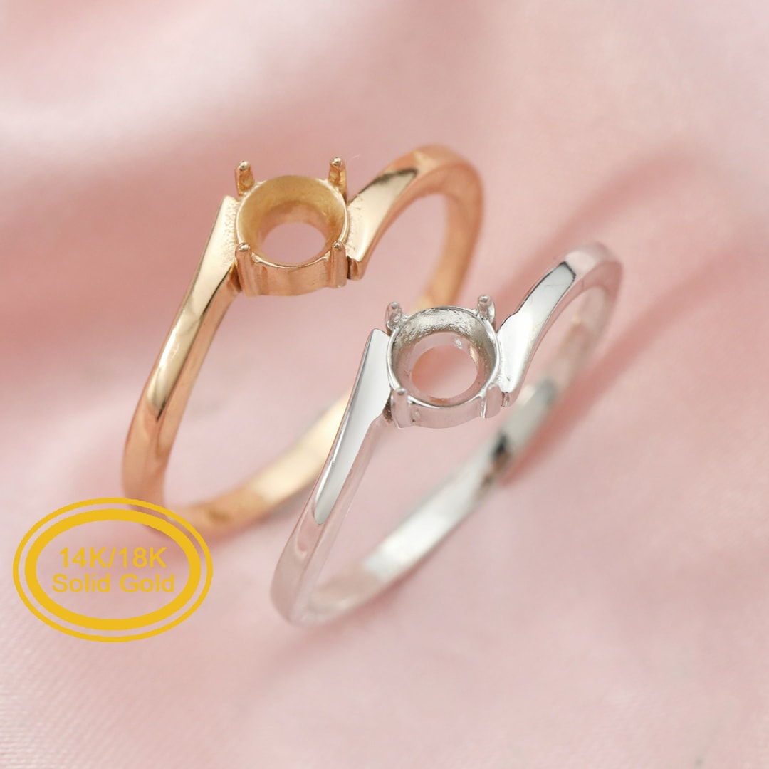 Round Prong Ring Settings Solid 14K 18K Rose White Gold Bypass Shank ...