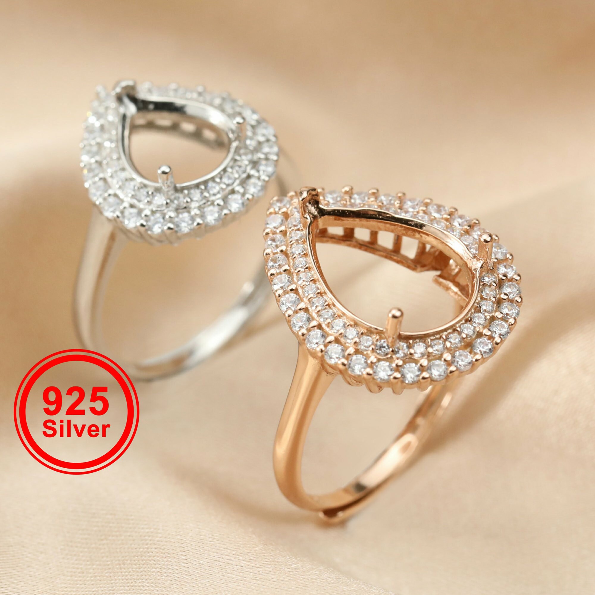 Pear Prong Ring Blank Settings Double Halo Bezel Solid 925 | Etsy